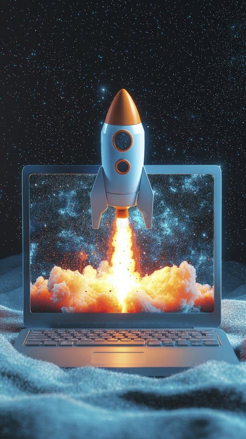 Blue Rocket Launching from Laptop into Stardust Stock Illustration ...