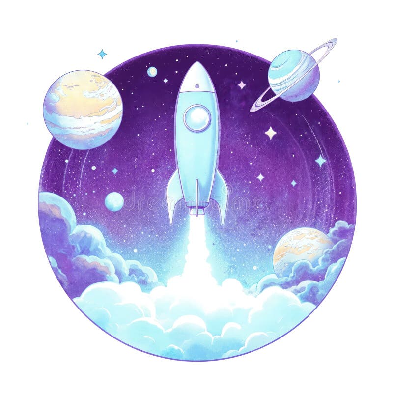 Blue Rocket Soaring through Purple Sky with Pointed Nose, Streamers ...