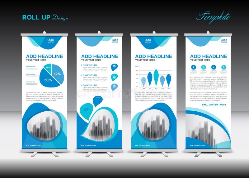 Blue Roll Up Banner Template and Infographics, Stand Design Stock ...