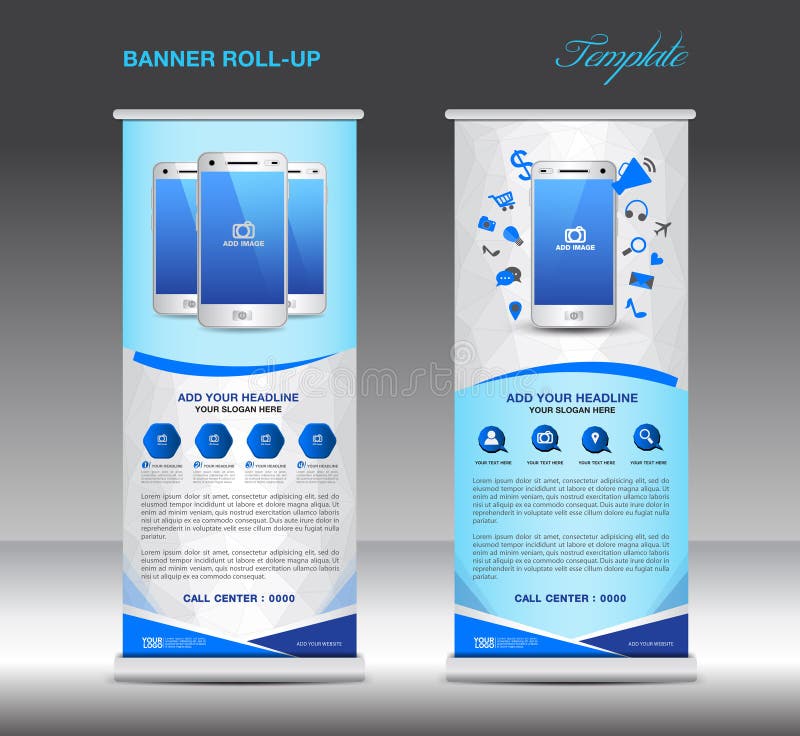 Blue Roll Up Banner Template and Infographics, Stand Design Stock ...