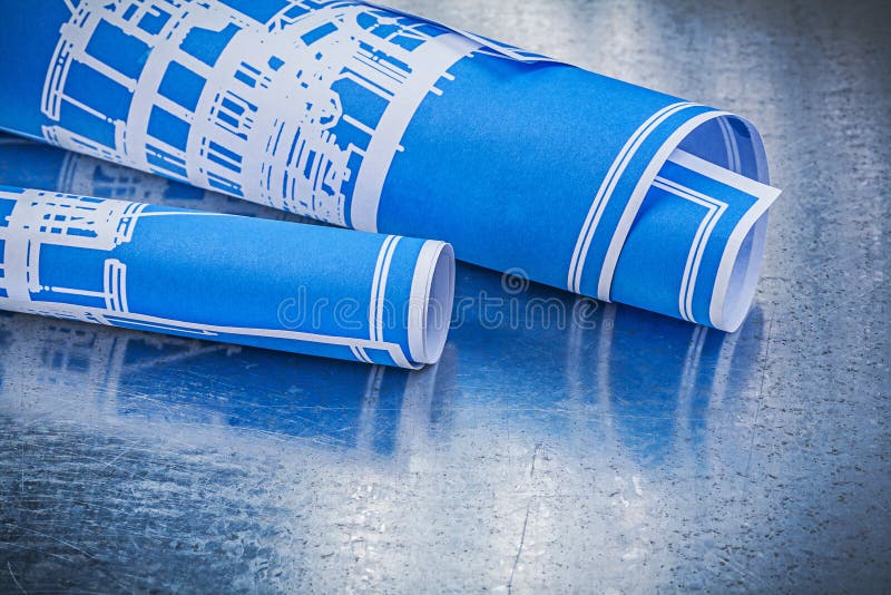 Rolled Engineering Drawings on Grooved Metal Sheet Top View Cons Stock ...