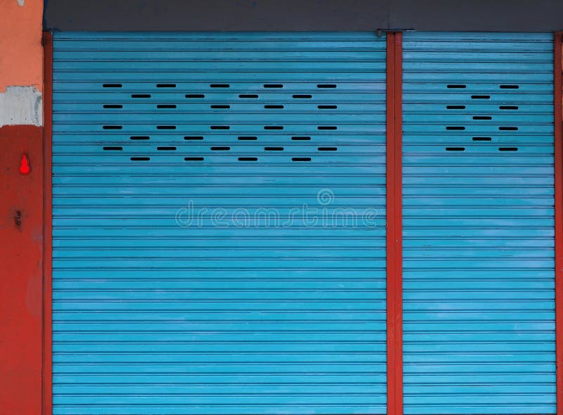 Blue Rolling Shutters Closed with Red Frame Stock Photo - Image of ...