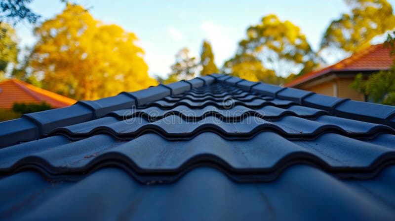 A Blue Roof with a Blue Tiled Roof and Trees in the Background Stock ...