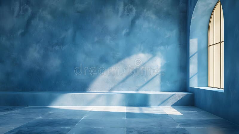Blue Room with Arched Window and Light 3D Illustration Stock ...