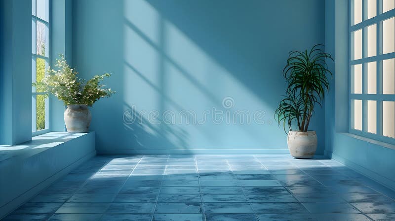 Blue Room Interior Design 3D Render with Window and Plants Stock ...