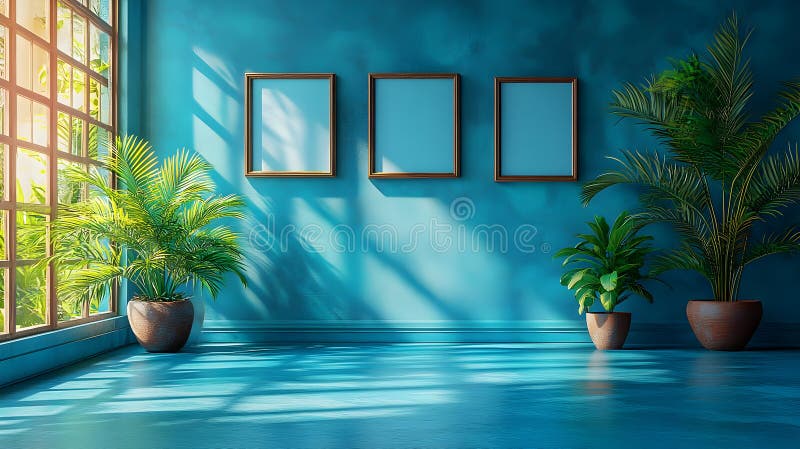 Blue Room Interior with Sunlight and Plants 3D Illustration Stock ...