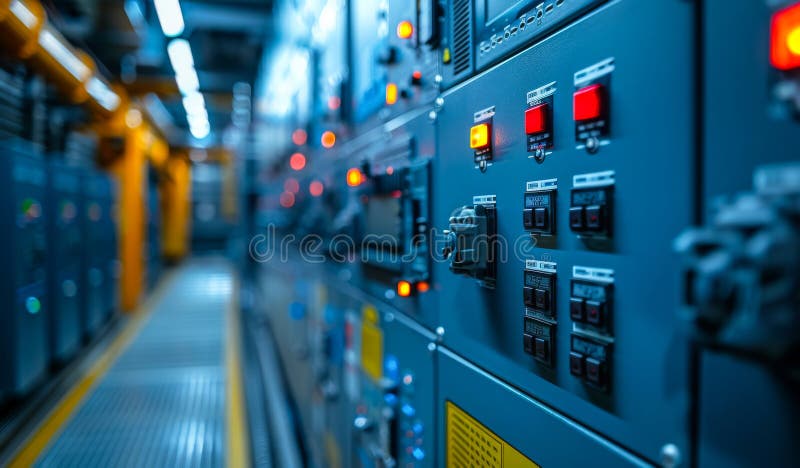 A Blue Room with Many Electrical Switches and Buttons. the Switches are ...