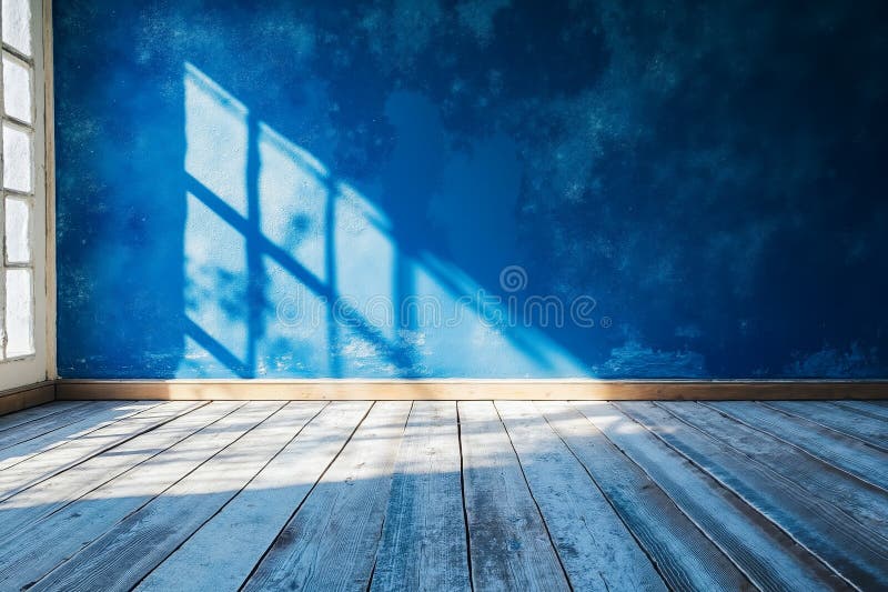 A Blue Room with a Wooden Floor and a Window Stock Photo - Image of ...