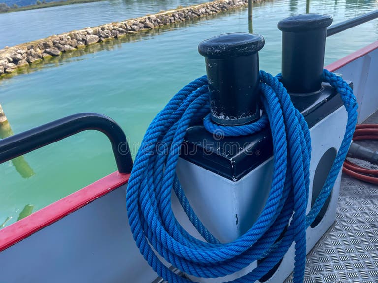 Blue Rope Lined Up Ready on Two Iron Bollard on Ship Stock Photo ...