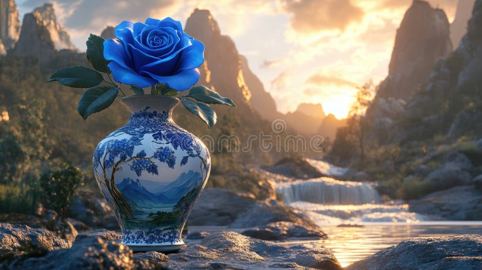 A Blue Rose in a Vase on Rocks by Waterfall, AI Stock Photo - Image of ...