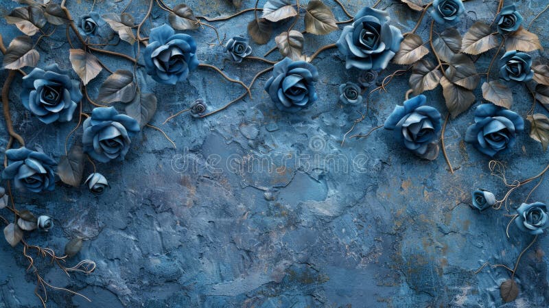 Blue Roses Entwined with Leaves on a Textured Blue Background Stock ...
