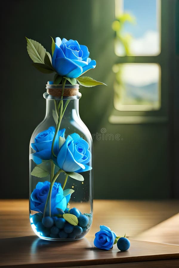 Blue Roses Flowers in the Bottle Stock Illustration - Illustration of ...