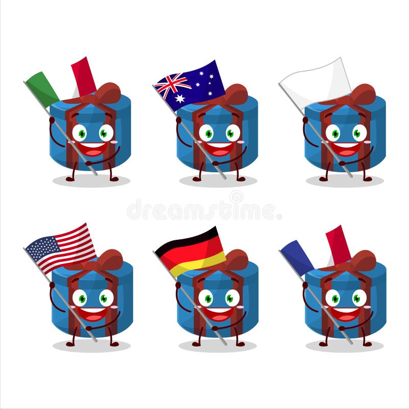 Blue Round T Cartoon Character Bring The Flags Of Various Countries