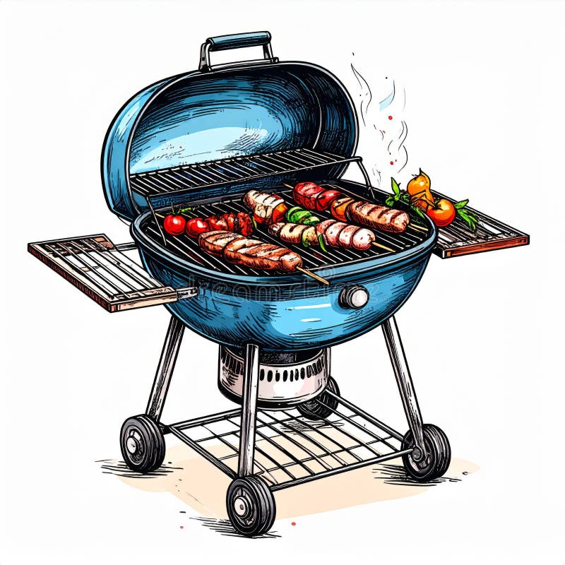 Blue Round Grill with Meat and Vegetable Skewers Stock Photo ...