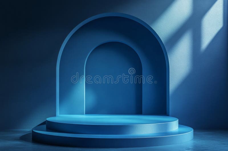 Blue Round Podium Displaying Products Inside Arch Tunnel Stock Photo ...