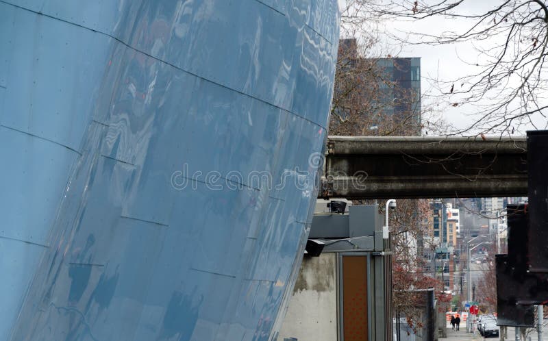 Blue Round Wall and Monorail Framing Thomas Street in Seattle Center ...