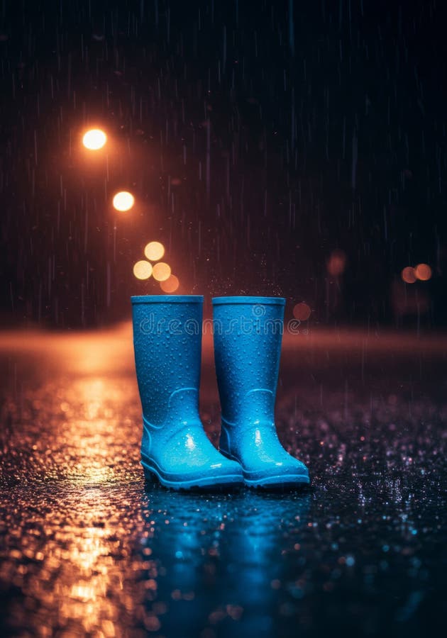 Blue Rubber Boots in the Rain at Night Stock Illustration - Illustration of city, gloomy: 383941969