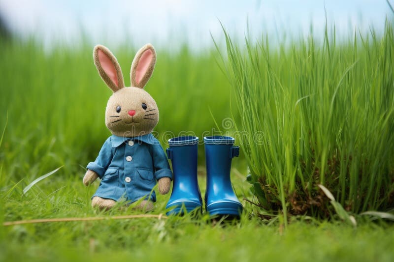 Blue Rubber Boots and a Soft Toy Rabbit on a Green Grass Field Stock ...