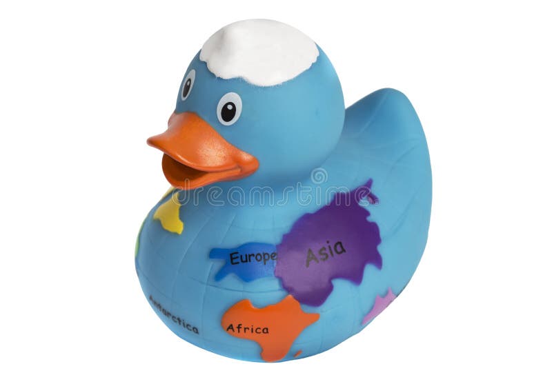 Blue Rubber Duck with World Map Isolated Over White Stock Image - Image ...