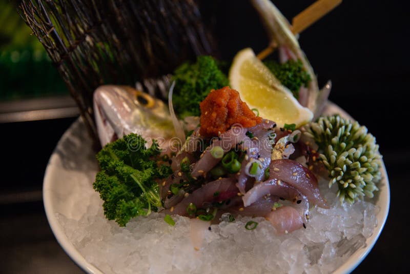 Blue Runner Sashimi stock photo. Image of fish, chopped - 121788276