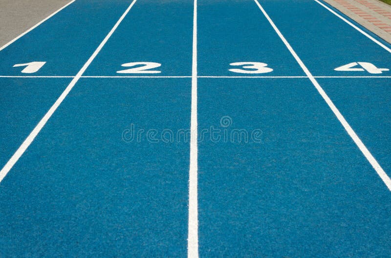 Blue Running Treadmill Track with Lane Numbers in Stadium Outdoors ...