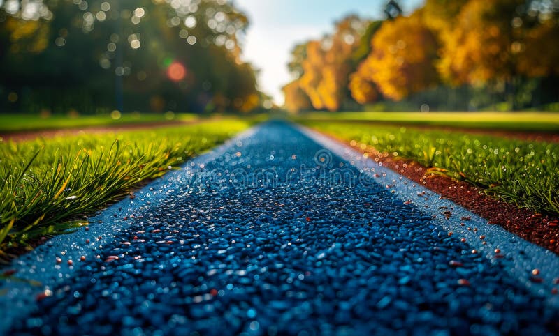 Blue Running Track and Green Grass in the Park Stock Image - Image of ...