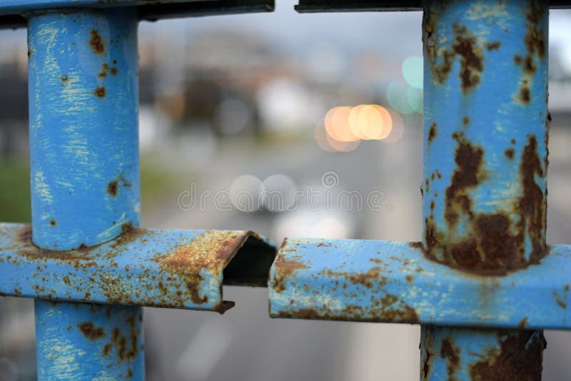 Blue Rusty Guard Rail Closeup on Bridge Stock Image - Image of city ...