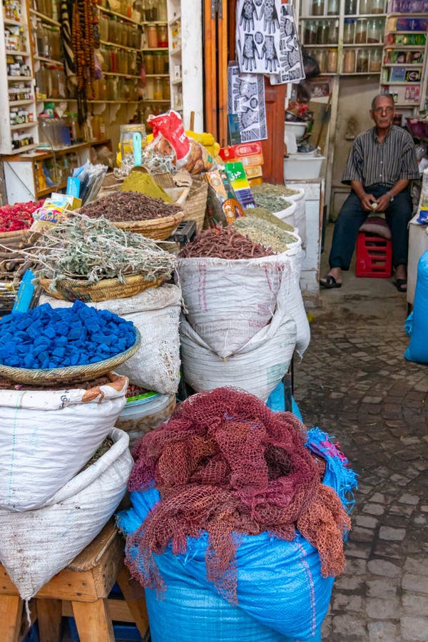 Blue Sacks with Aromatic Herbs in the Market of Marrakech Editorial ...