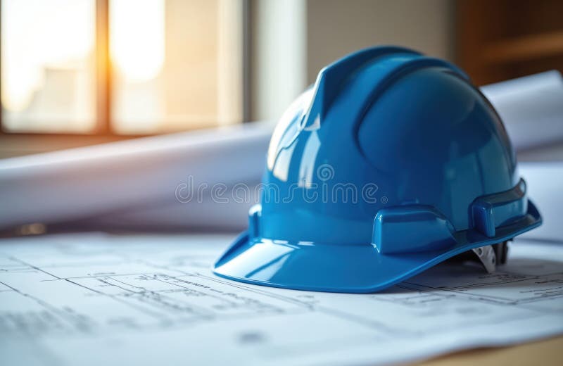 Blue Safety Hard Hat Rests on Architectural Blueprints, Plans ...