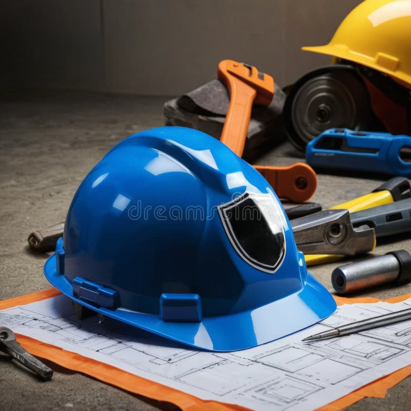 A Blue Safety Helmet Rests on a Set of Construction Plans Alongside ...