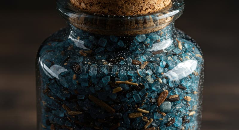 Blue Salt Crystals in Glass Jar on Dark Wood Stock Illustration ...