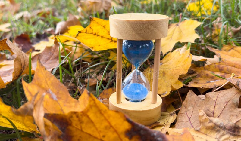 A Blue Sand Clock is Sitting on the Ground in a Field of Fallen Brown ...