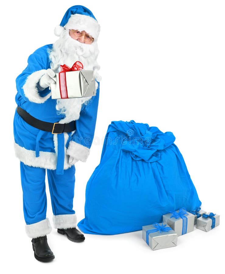 Blue Santa gives a present stock image. Image of holiday - 62551253