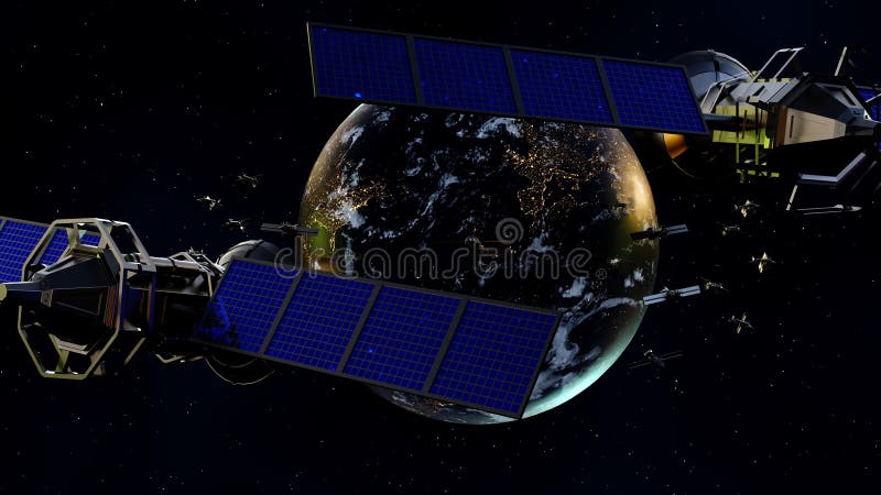 Blue Satellites in Orbit Around the Earth Stock Illustration ...