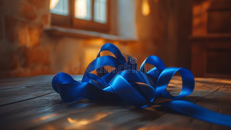 Blue Satin Ribbon Rests on a Rustic Wooden Table Stock Illustration ...