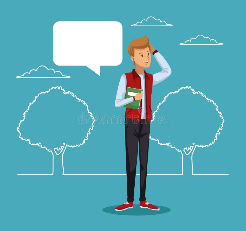 Blue Scene with Silhouette Landscape and Colorful Guy Student Standing ...