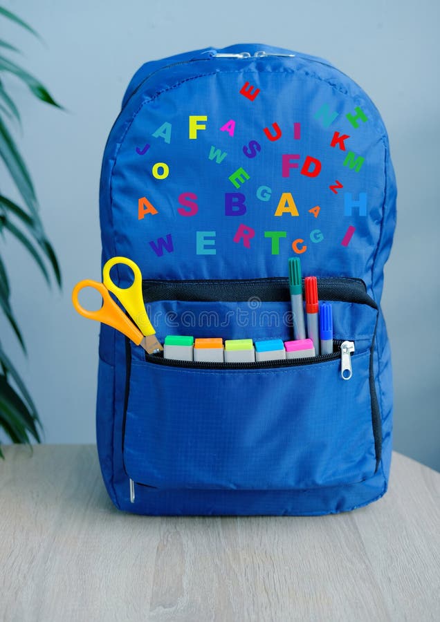 Blue School Bag with Letters, Stationery, Concept Back-to-School ...