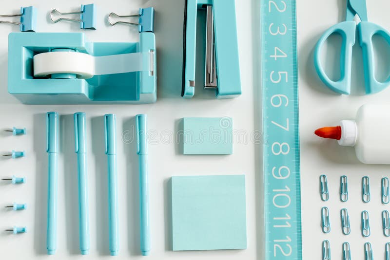 Blue School and Office Supplies Stock Photo - Image of class, tape ...