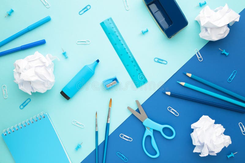 Blue School Supplies on Blue Background. Back To School. Flat Lay Stock ...
