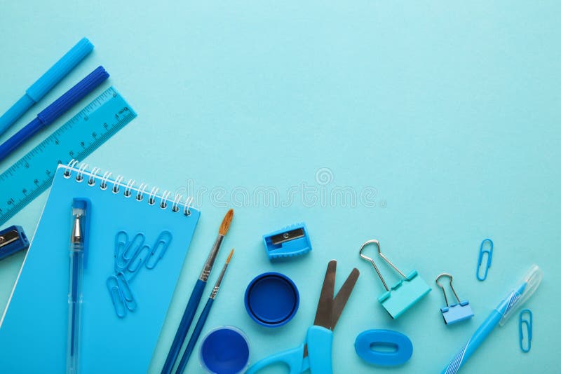 Blue School Supplies on Blue Background. Back To School. Flat Lay Stock ...