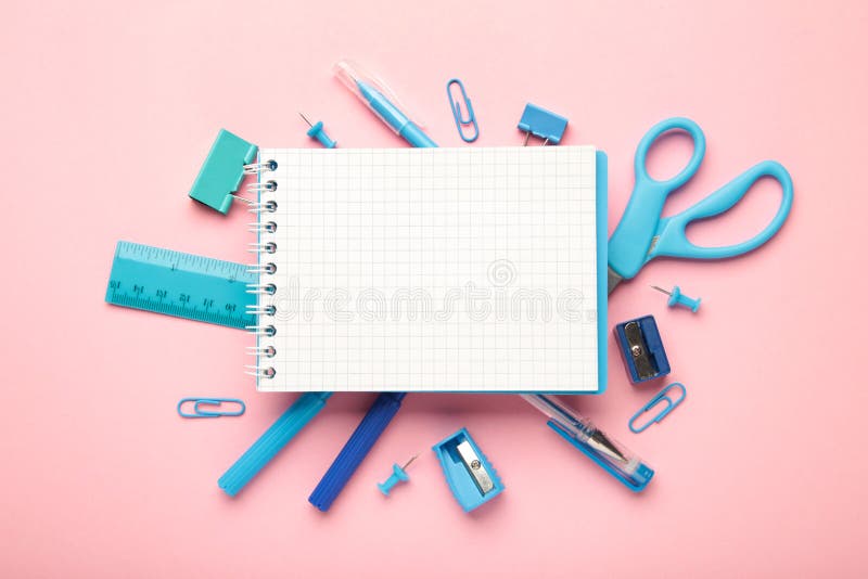 Blue School Supplies on Blue Background. Back To School. Flat Lay Stock ...