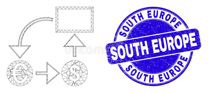 Blue Scratched South Europe Seal And Web Mesh Currency Conversion