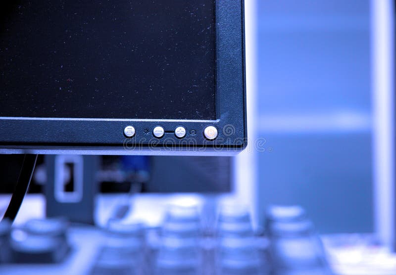 Blue Screens in Office Room Stock Photo - Image of monitors, laptop ...
