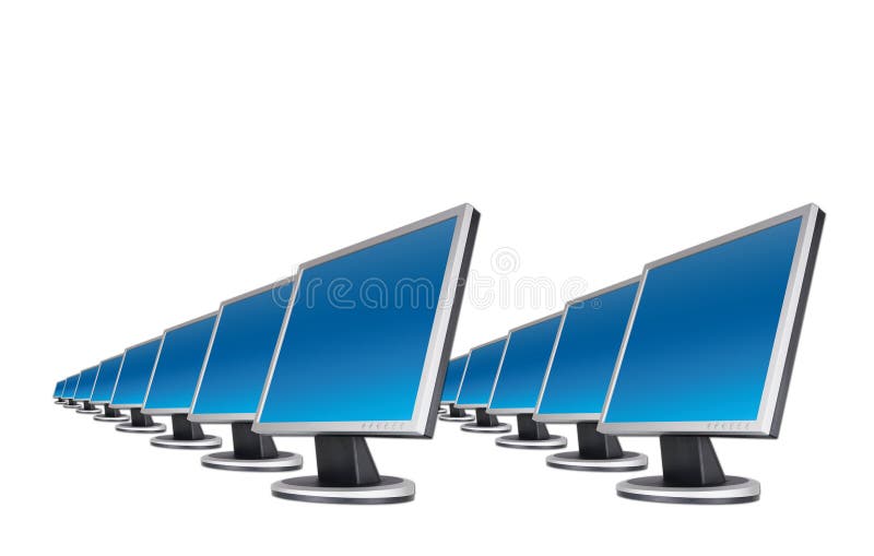Blue Screens in Office Room Stock Photo - Image of monitors, laptop ...