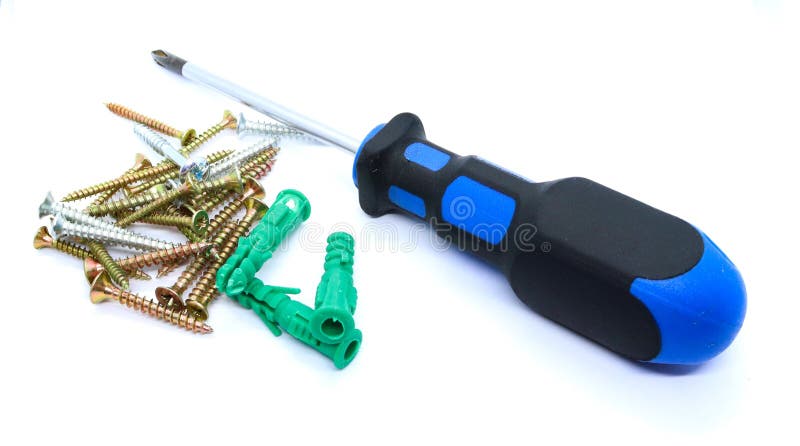 Blue Screwdriver with Dowels and Screws Working Tools. Stock Photo ...