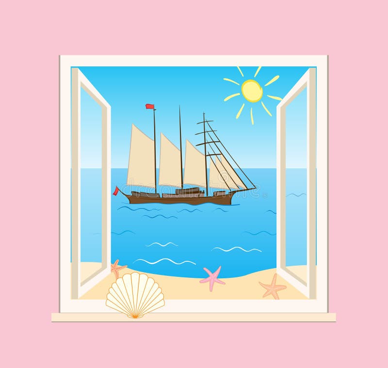 Blue Sea and Sailing Vessel Behind Open Window - Vector Illustration of ...
