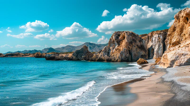 The Blue Sea, Sand and Rocks on a Beautiful Mediterranean Beach Stock ...