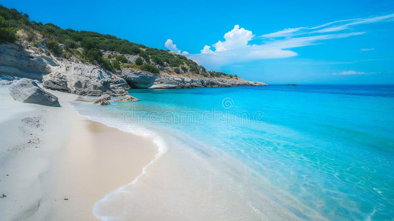 The Blue Sea, Sand and Rocks on a Beautiful Mediterranean Beach Stock ...
