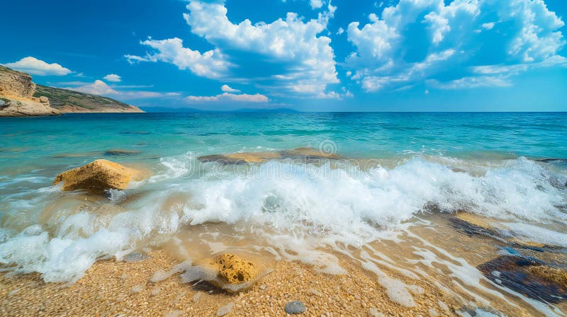 The Blue Sea, Sand and Rocks on a Beautiful Mediterranean Beach Stock ...