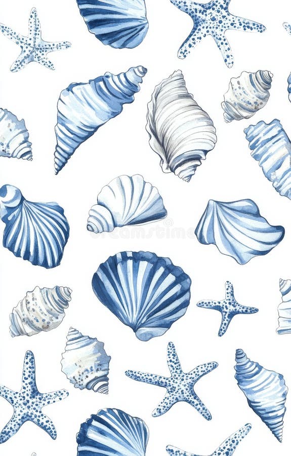Blue Sea Shells and Starfish are Illustrated in a Watercolor Style ...